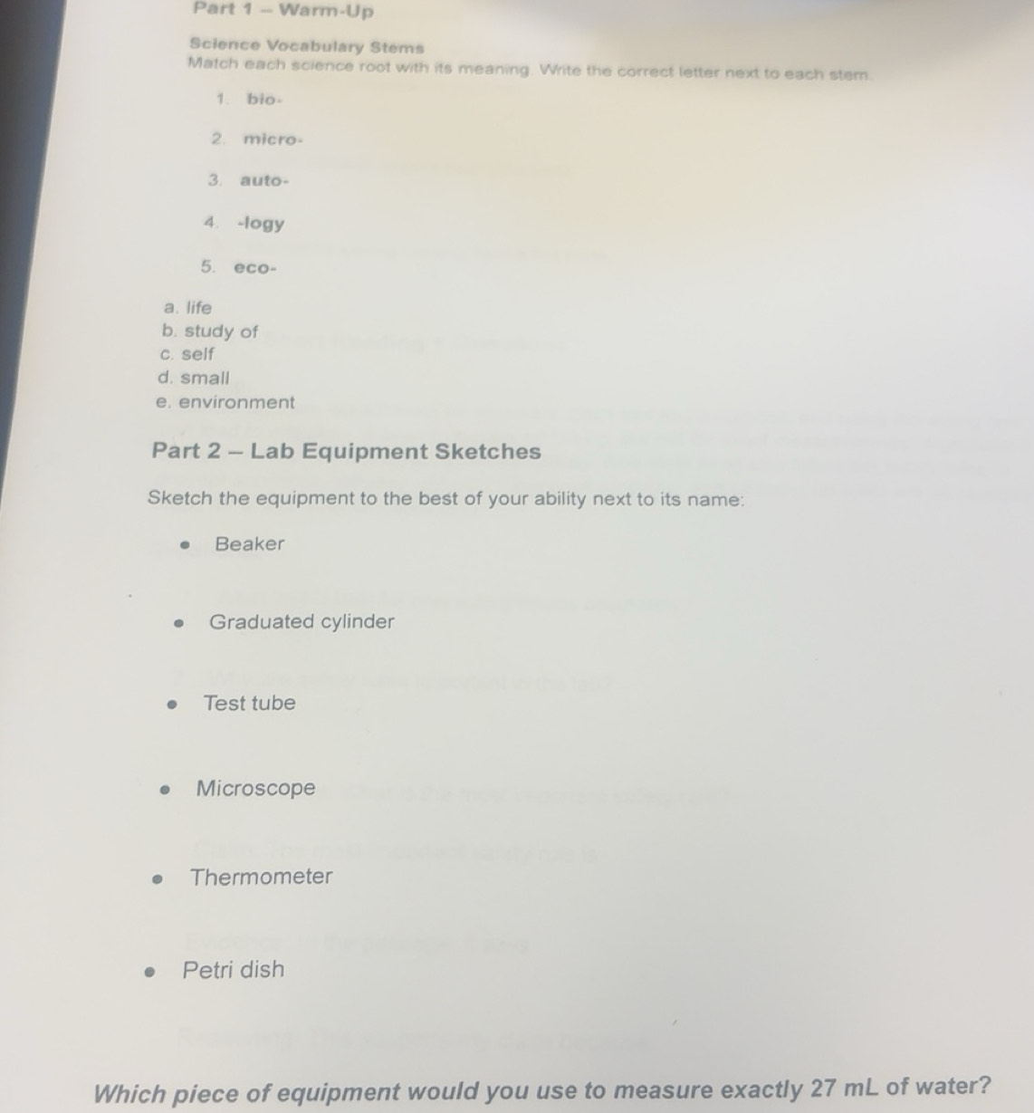 Solved: Warm-Up Science Vocabulary Stems Match each science root with ...