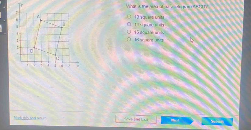 Solved: What is the area of parallelogram ABCD? 13 square units 14 ...