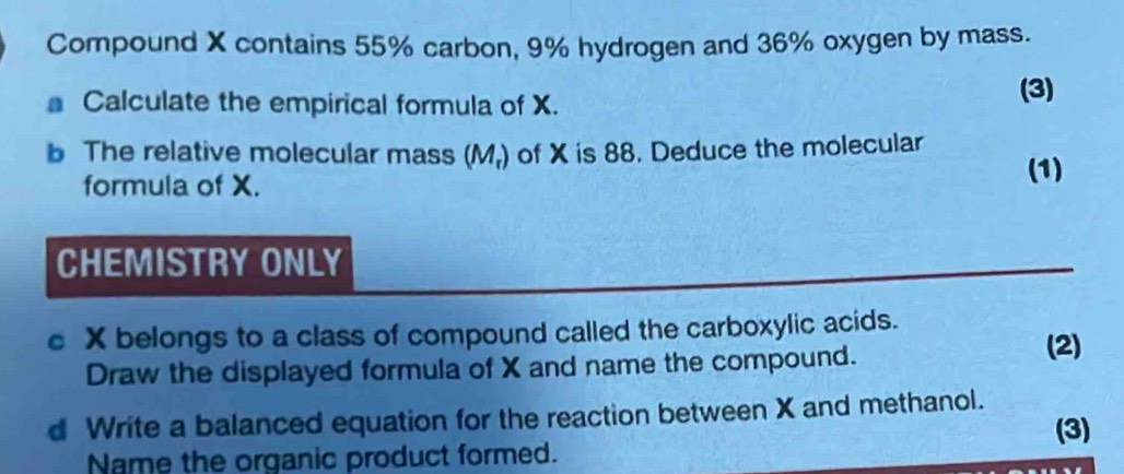 Solved: Compound X contains 55% carbon, 9% hydrogen and 36% oxygen by ...