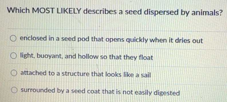 Solved: Which MOST LIKELY describes a seed dispersed by animals ...