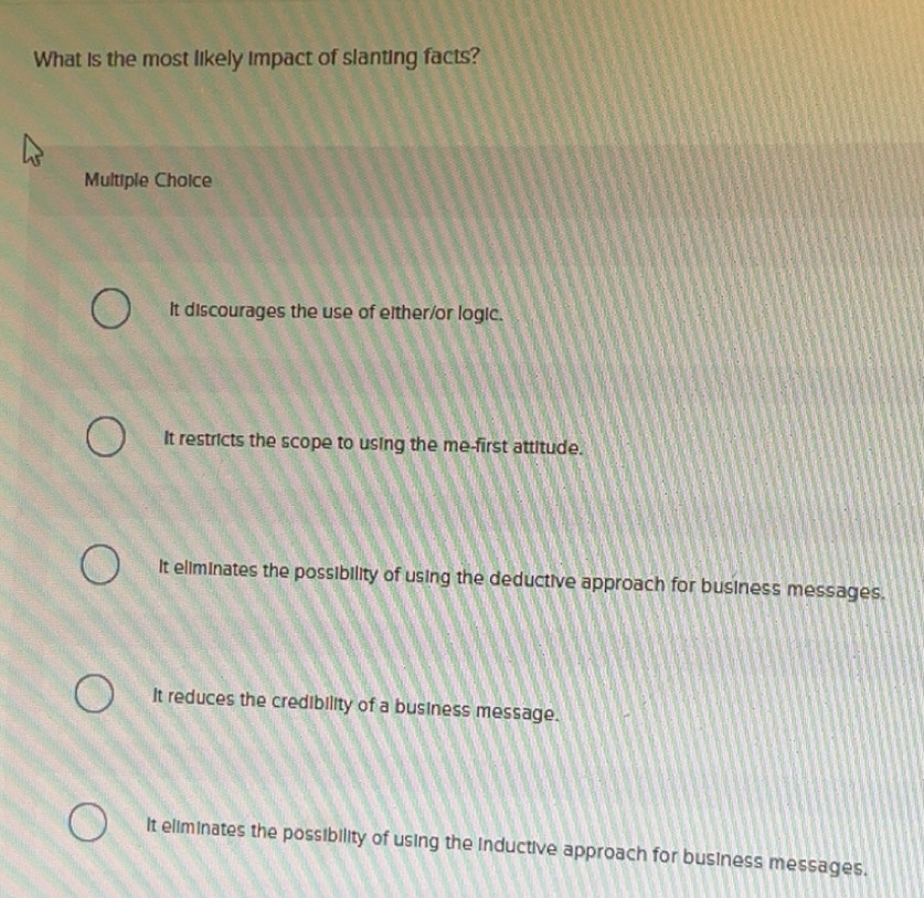 Solved: What is the most likely impact of slanting facts? Multiple ...