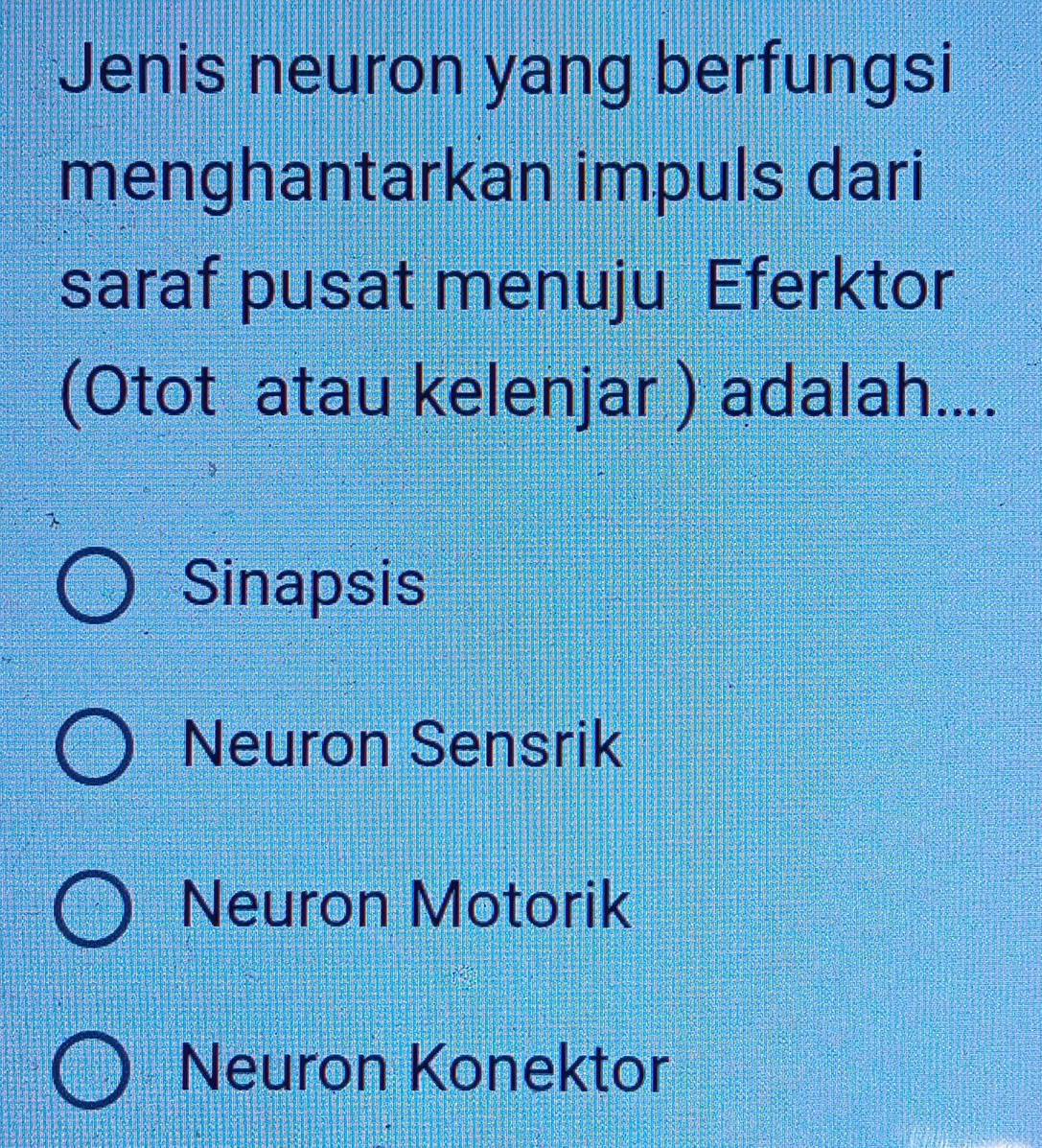 Telah dijawab:Jenis neuron yang berfungsi menghantarkan impuls dari ...