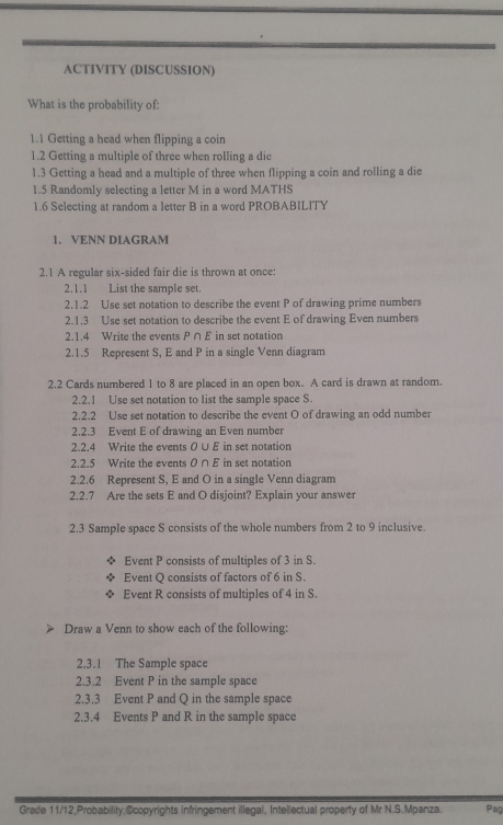 Solved: ACTIVITY (DISCUSSION) What is the probability of: 1.1 Getting a ...