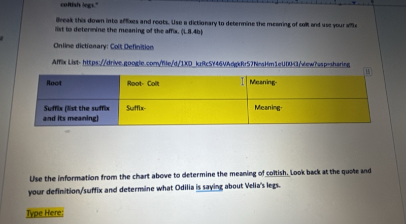 Solved: coltish legs." Break this down into affixes and roots. Use a ...
