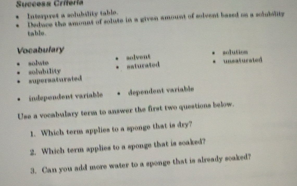Solved: Succesa Críteria Interpret a solubility table. Deduce the ...