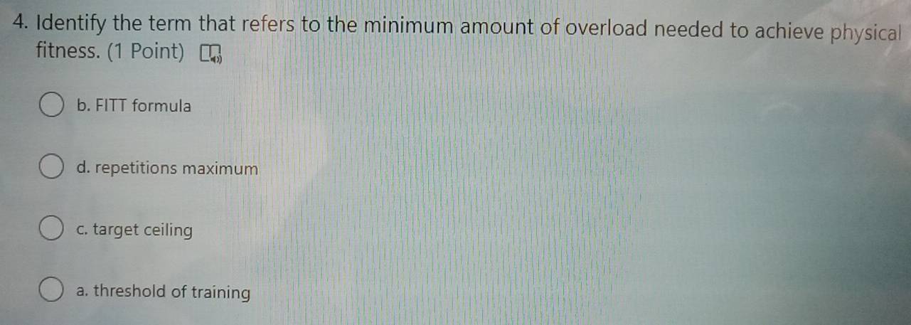 Solved: Identify the term that refers to the minimum amount of overload ...