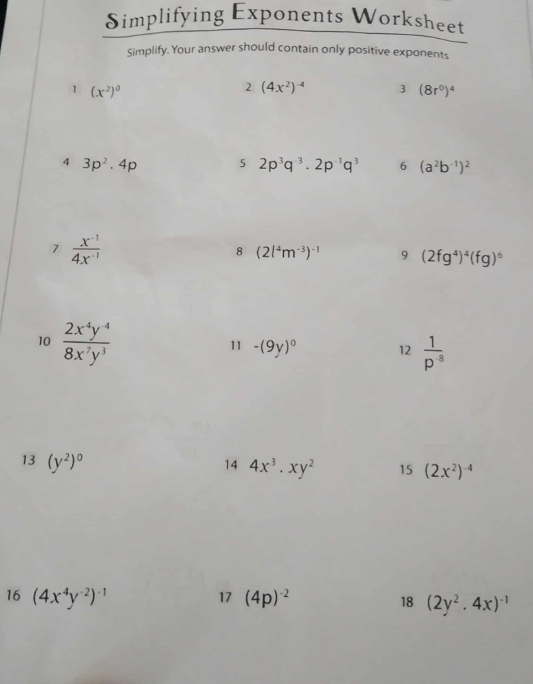 Solved: Simplifying Exponents Worksheet Simplify. Your answer should ...