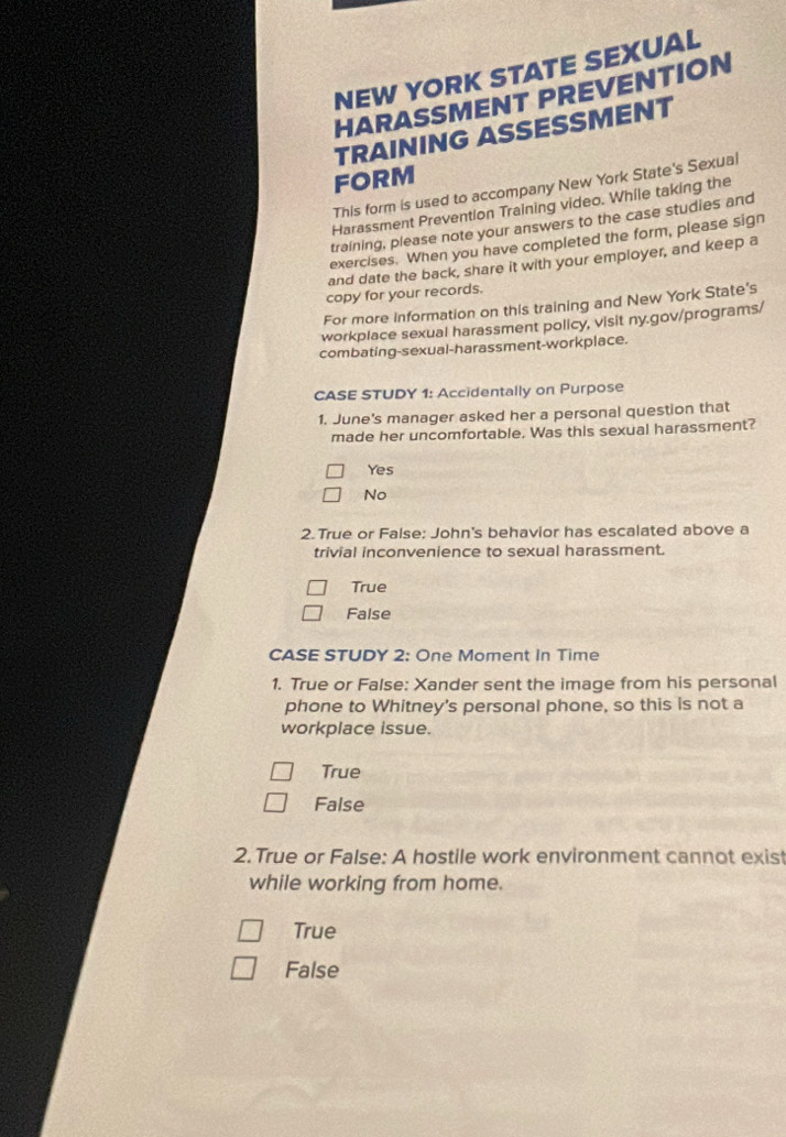 Solved: NEW YORK STATE SEXUAL HARASSMENT PREVENTION TRAINING ASSESSMENT ...