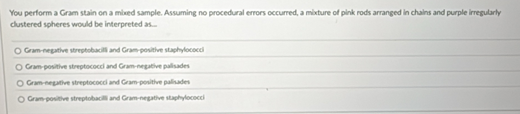 Solved: You perform a Gram stain on a mixed sample. Assuming no ...