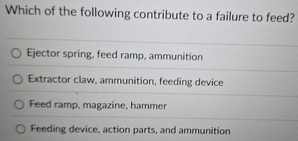 Solved: Which of the following contribute to a failure to feed? Ejector ...