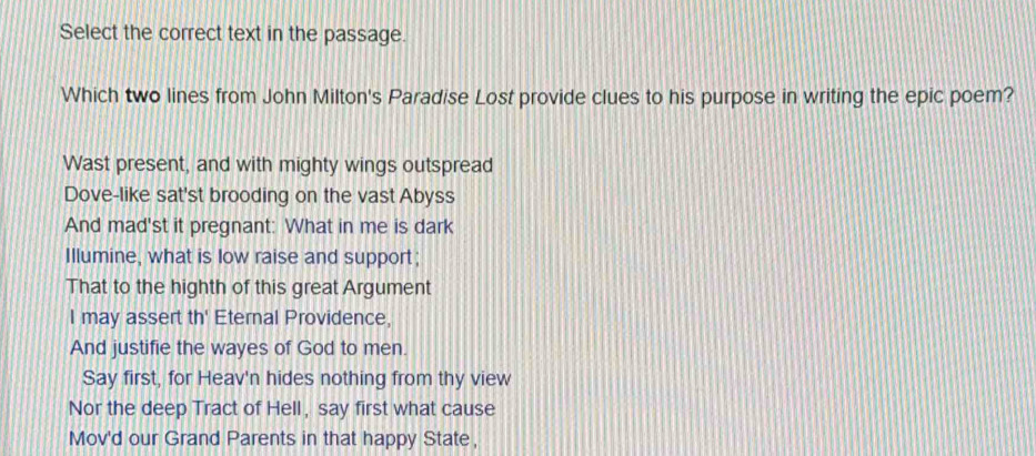 Solved: Select the correct text in the passage. Which two lines from ...