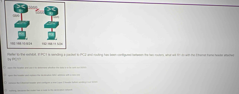 Solved: Refer to the exhibit. If PC1 is sending a packet to PC2 and routing has been configured ...