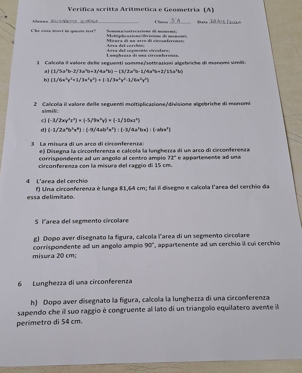 Risolto:Verifica scritta Aritmetica e Geometria (A) Alunno BS00u..080 ...