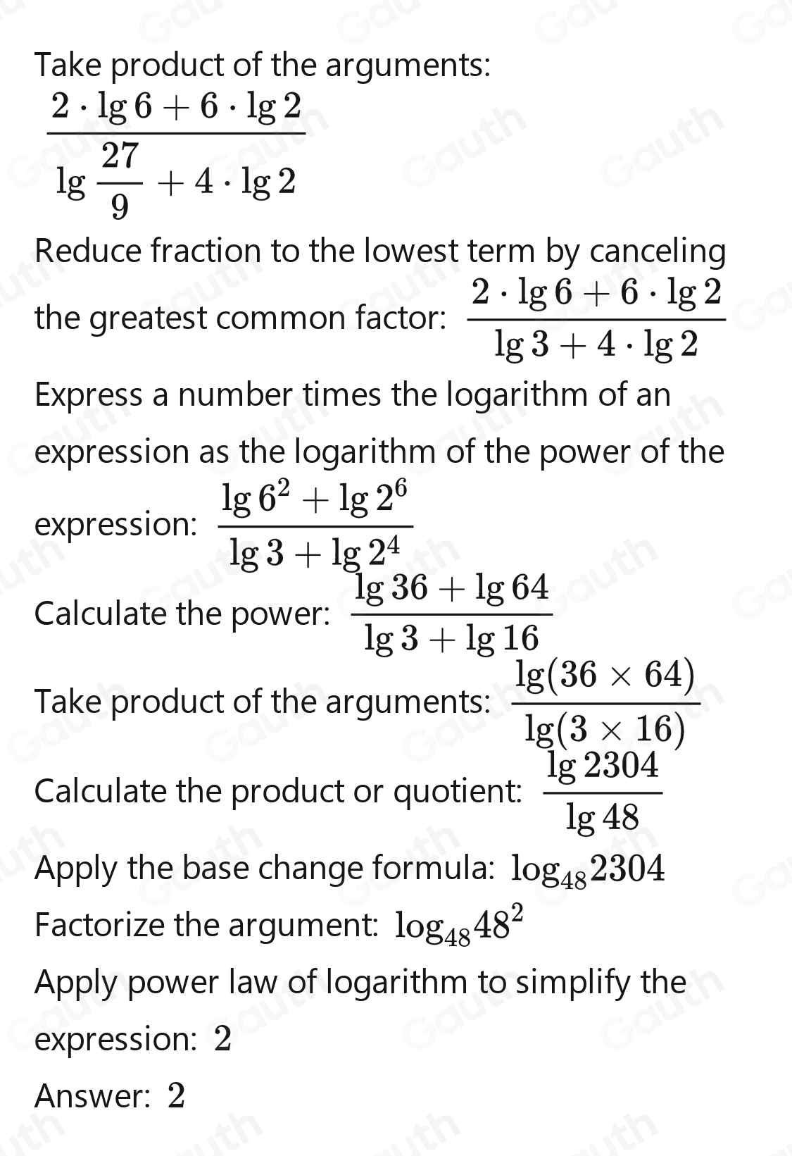 Solved: (2log6+6log2)/4log2+log27-log9 [Math]