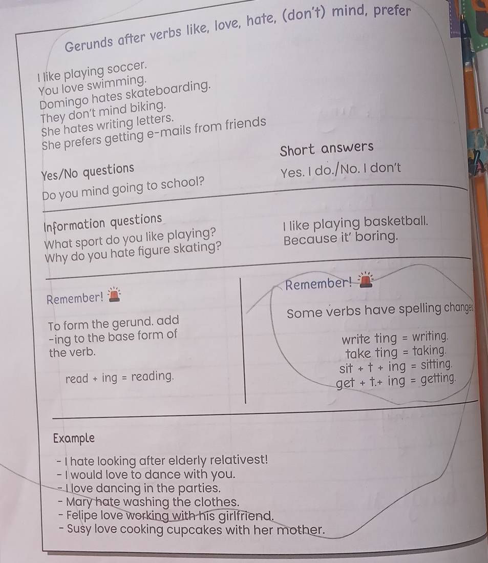 Resuelto:Gerunds after verbs like, love, hate, (don't) mind, prefer I like playing soccer. You lo