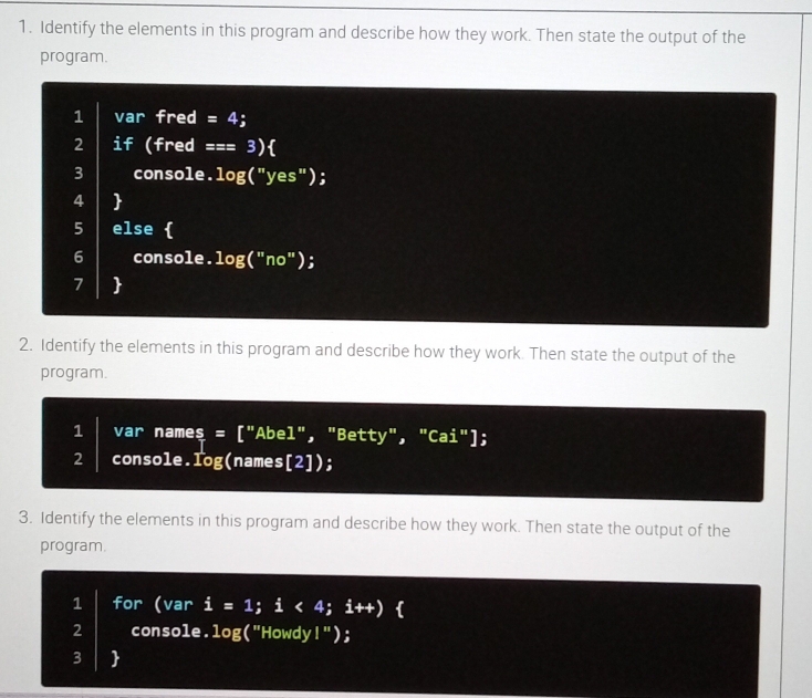 Solved: Identify the elements in this program and describe how they ...