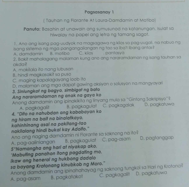 Solved: Pagsasanay 1 ( Tauhan ng Florante At Laura-Damdamin at Motibo ...
