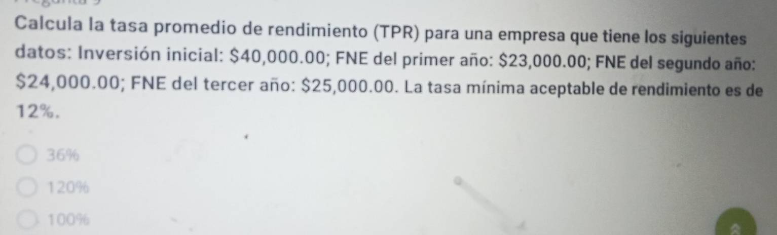 Resuelto:Calcula la tasa promedio de rendimiento (TPR) para una empresa ...