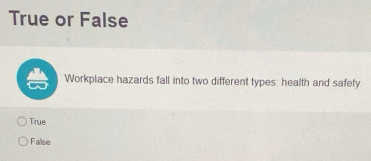 Solved: True or False Workplace hazards fall into two different types ...