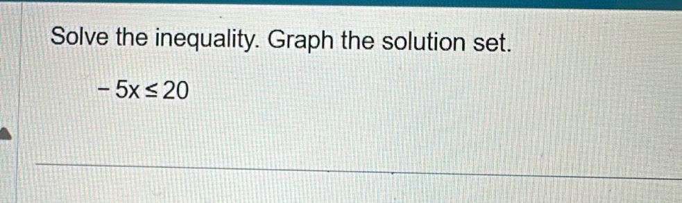 Solved: Solve the inequality. Graph the solution set. -5x≤ 20 [Math]