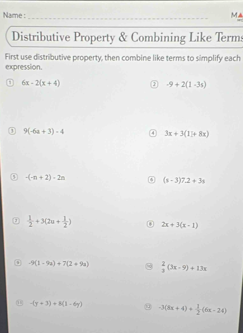Solved: Name : _M M Distributive Property & Combining Like Terms First ...