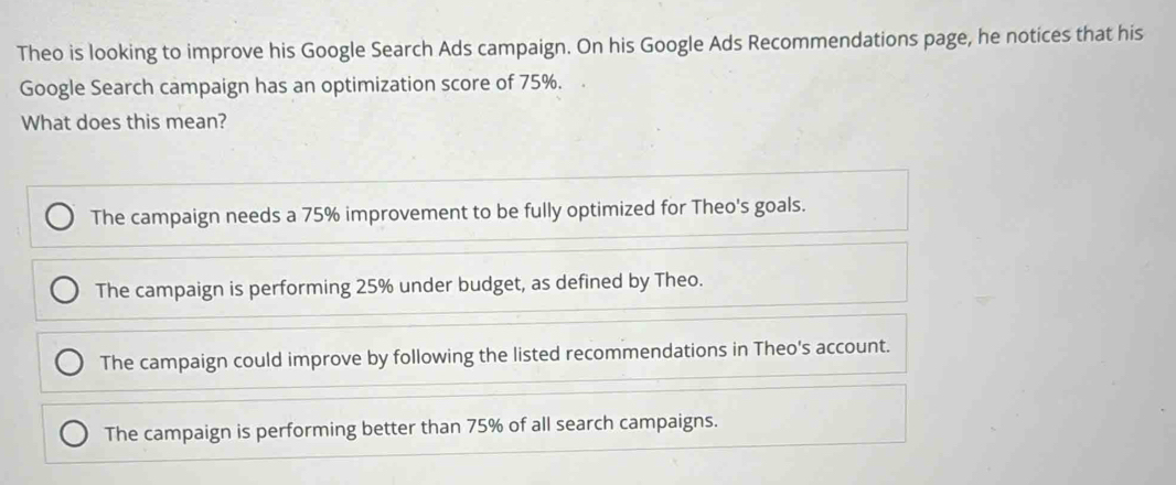 Solved: Theo is looking to improve his Google Search Ads campaign. On ...