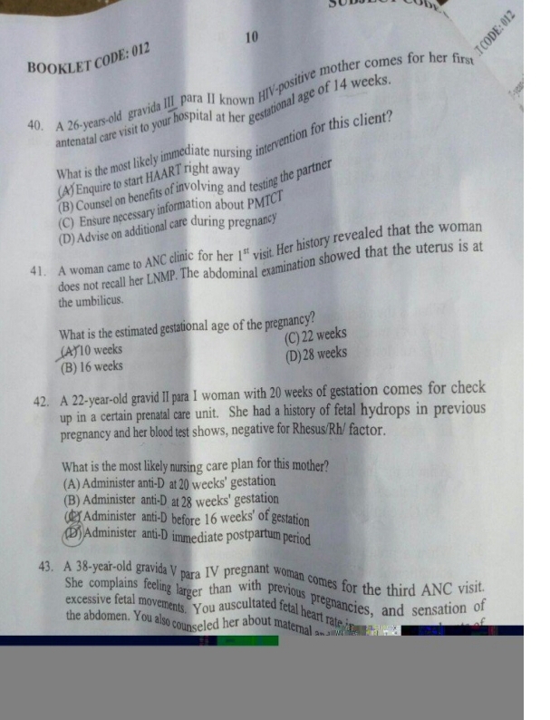 Gelöst:BOOKLET CODE: 012 10 40. A 26 -years-old gravida III para II ...