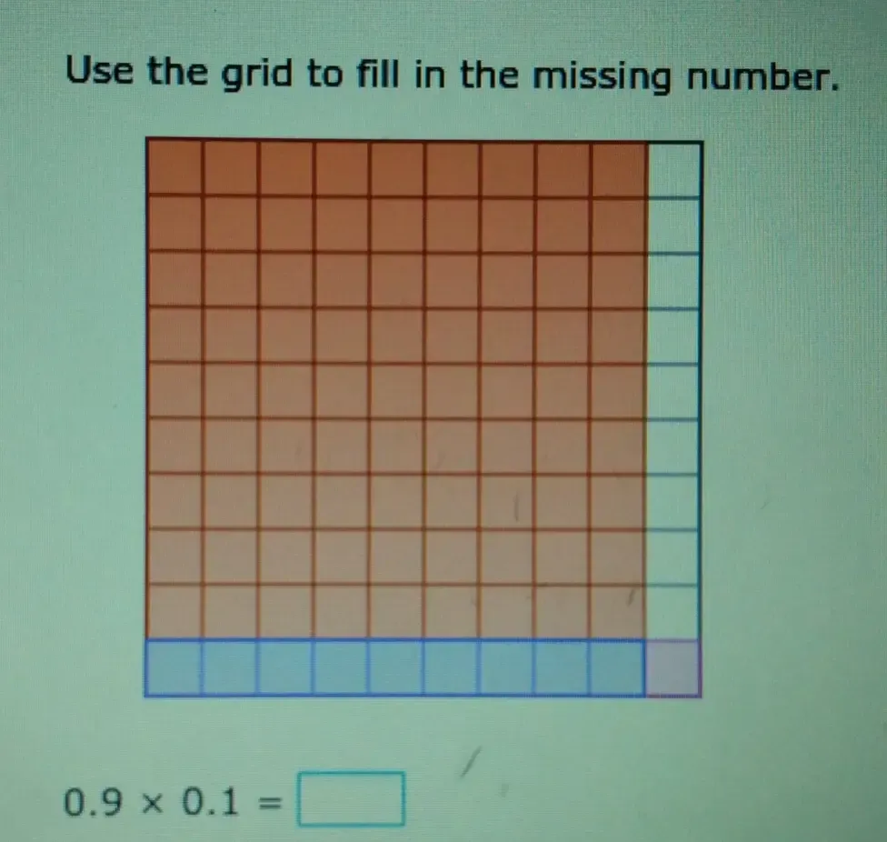 Solved: Use the grid to fill in the missing number. 0.9* 0.1= [Math]