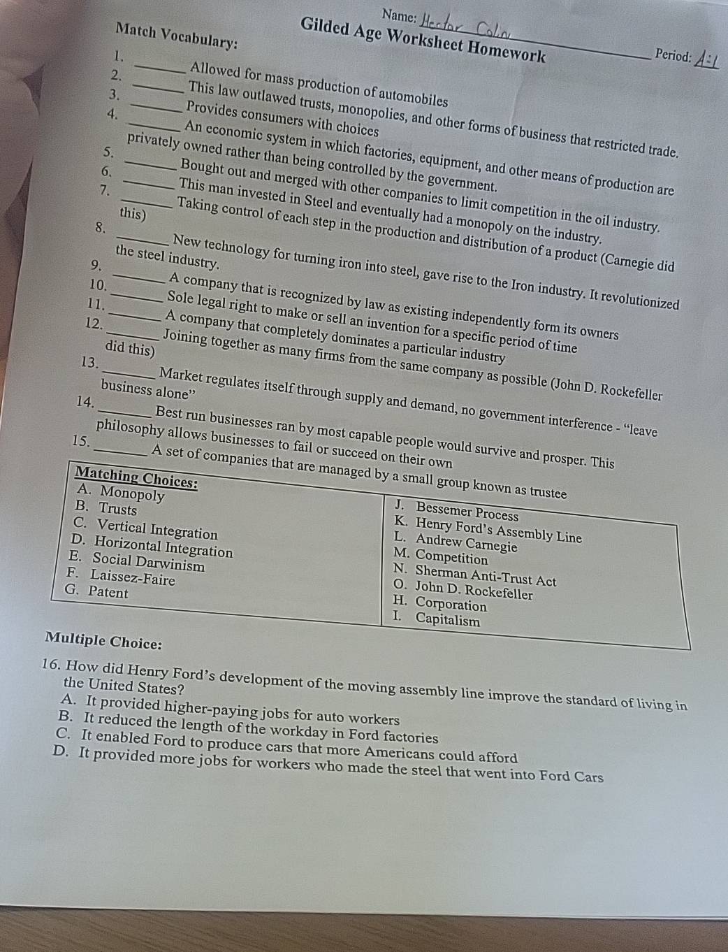 Solved: Match Vocabulary: Name: Period: Gilded Age Worksheet Homework ...