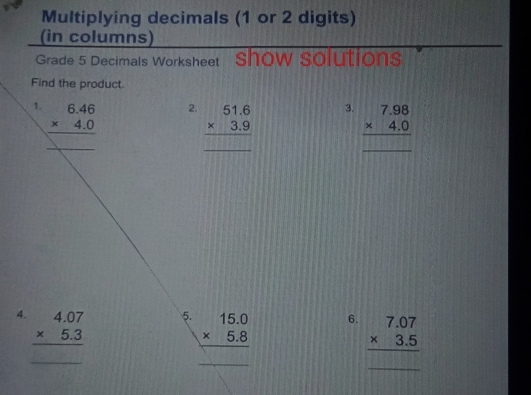 Solved: Multiplying decimals (1 or 2 digits) (in columns) Grade 5 ...