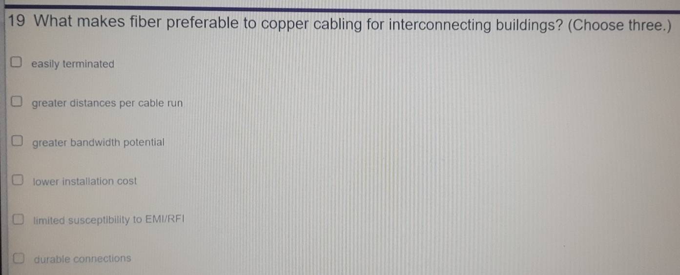 Solved: What makes fiber preferable to copper cabling for ...