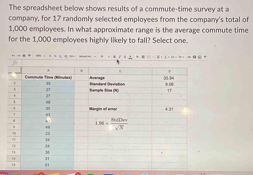 Solved: The spreadsheet below shows results of a commute-time survey at a company, for 17 ...