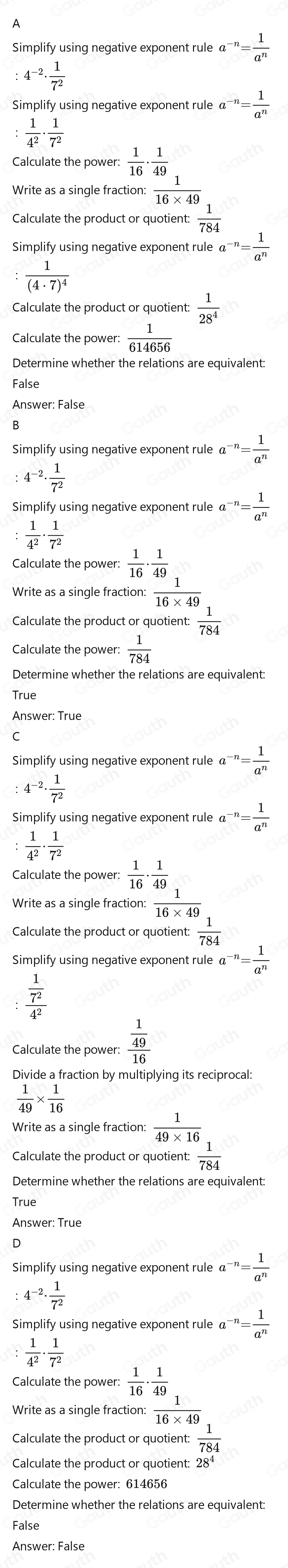 Solved: Which expressions are equivalent to 4^(-2)· 7^(-2) ? Choose 2 ...