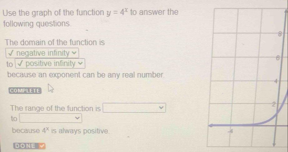 Solved: Use the graph of the function y=4^x to answer the following questions. The domain of the ...