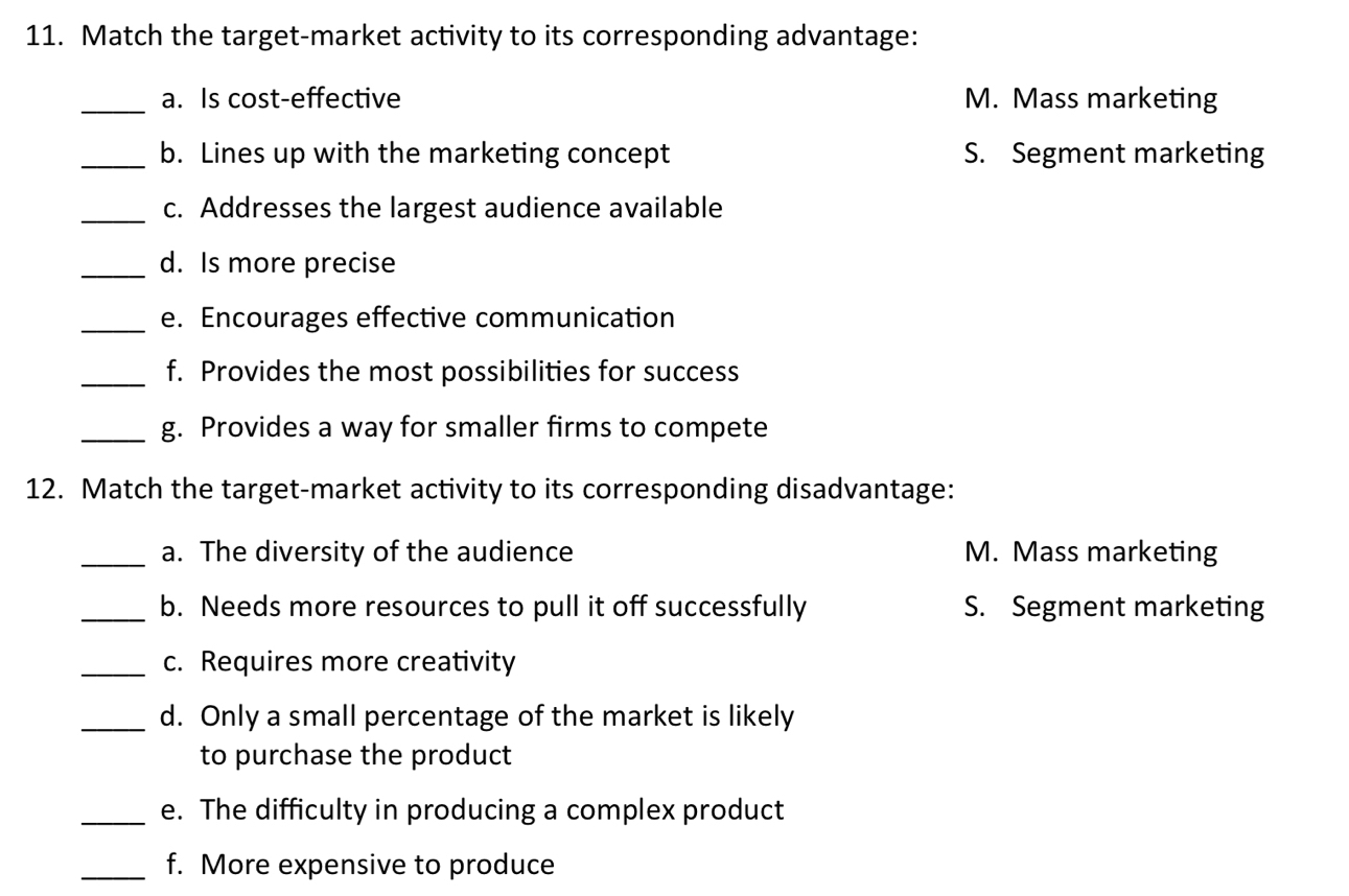 Solved: Match the target-market activity to its corresponding advantage ...