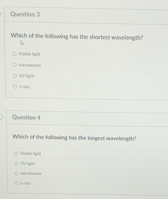 Solved: Which of the following has the shortest wavelength? Visible ...