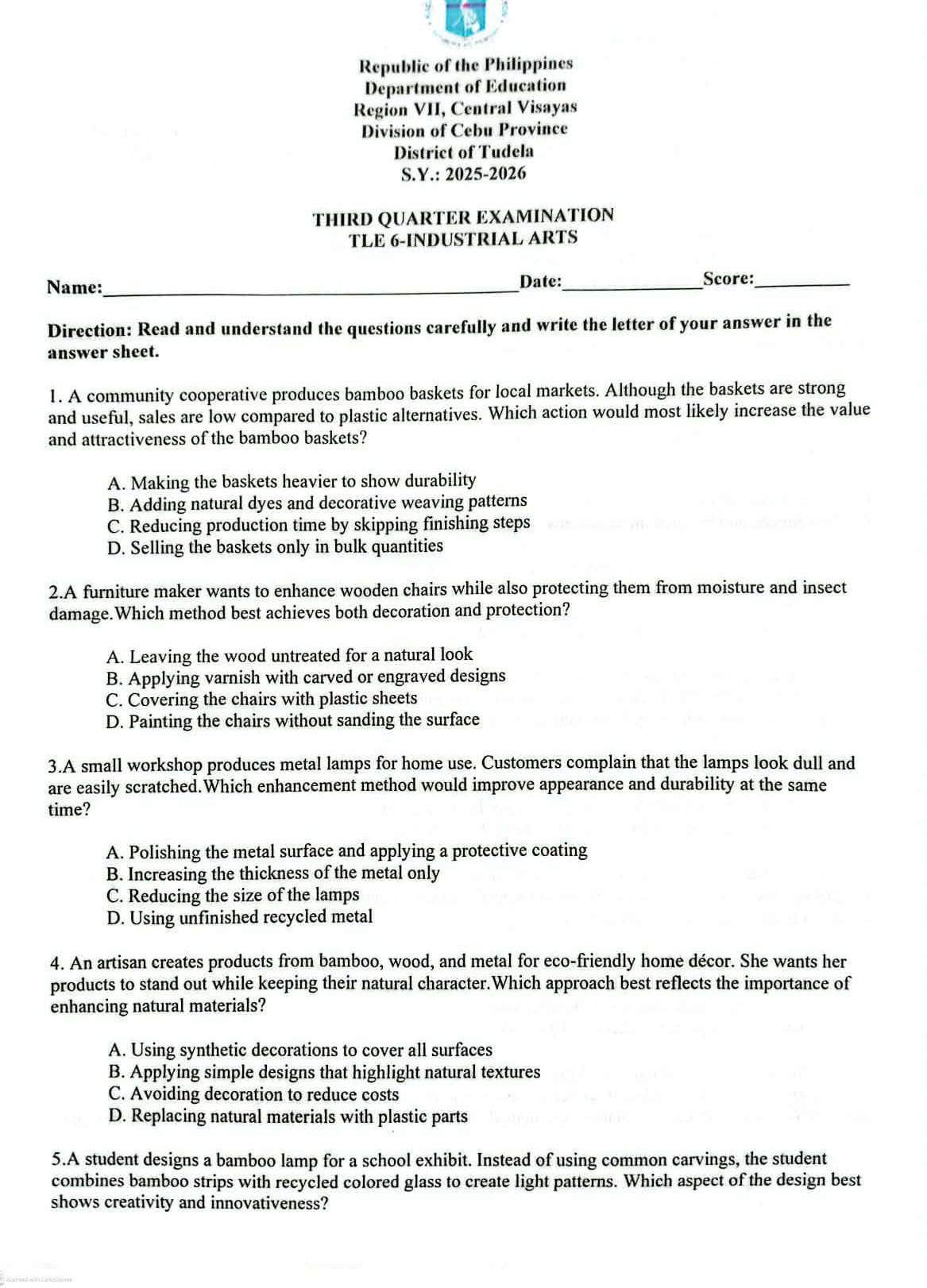 Solved: Republic of the Philippines Department of Education Region VII ...