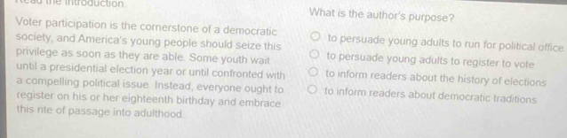 Solved: cad the introduction. What is the author's purpose? Voter ...