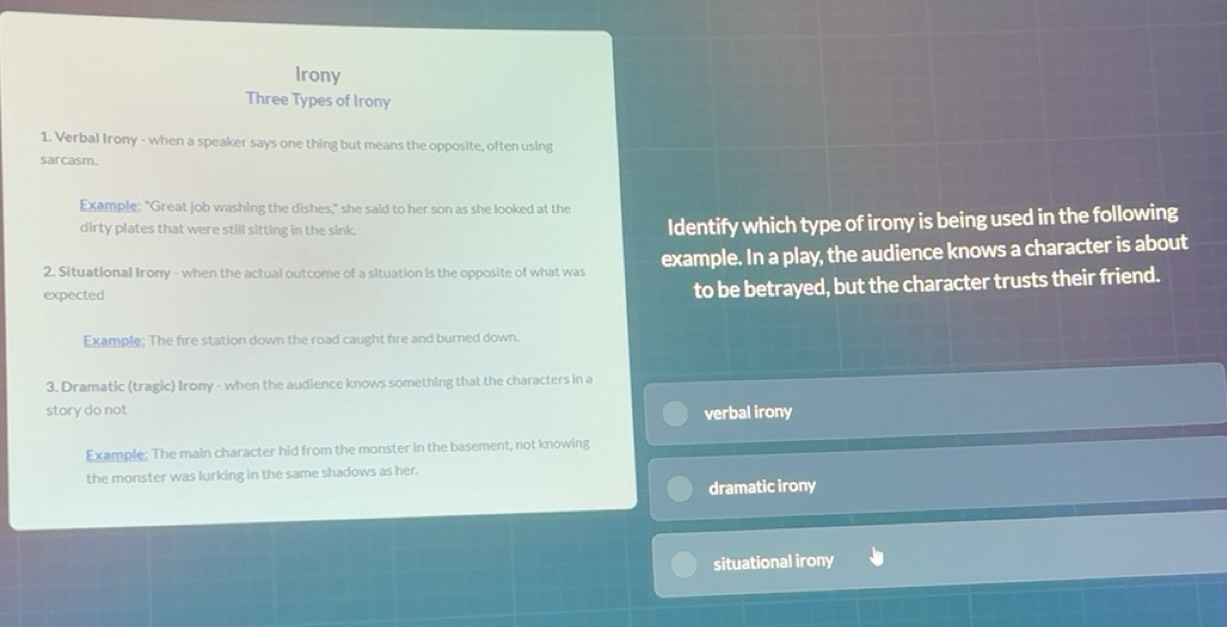 Gelöst:Irony Three Types of Irony 1. Verbal Irony - when a speaker says ...