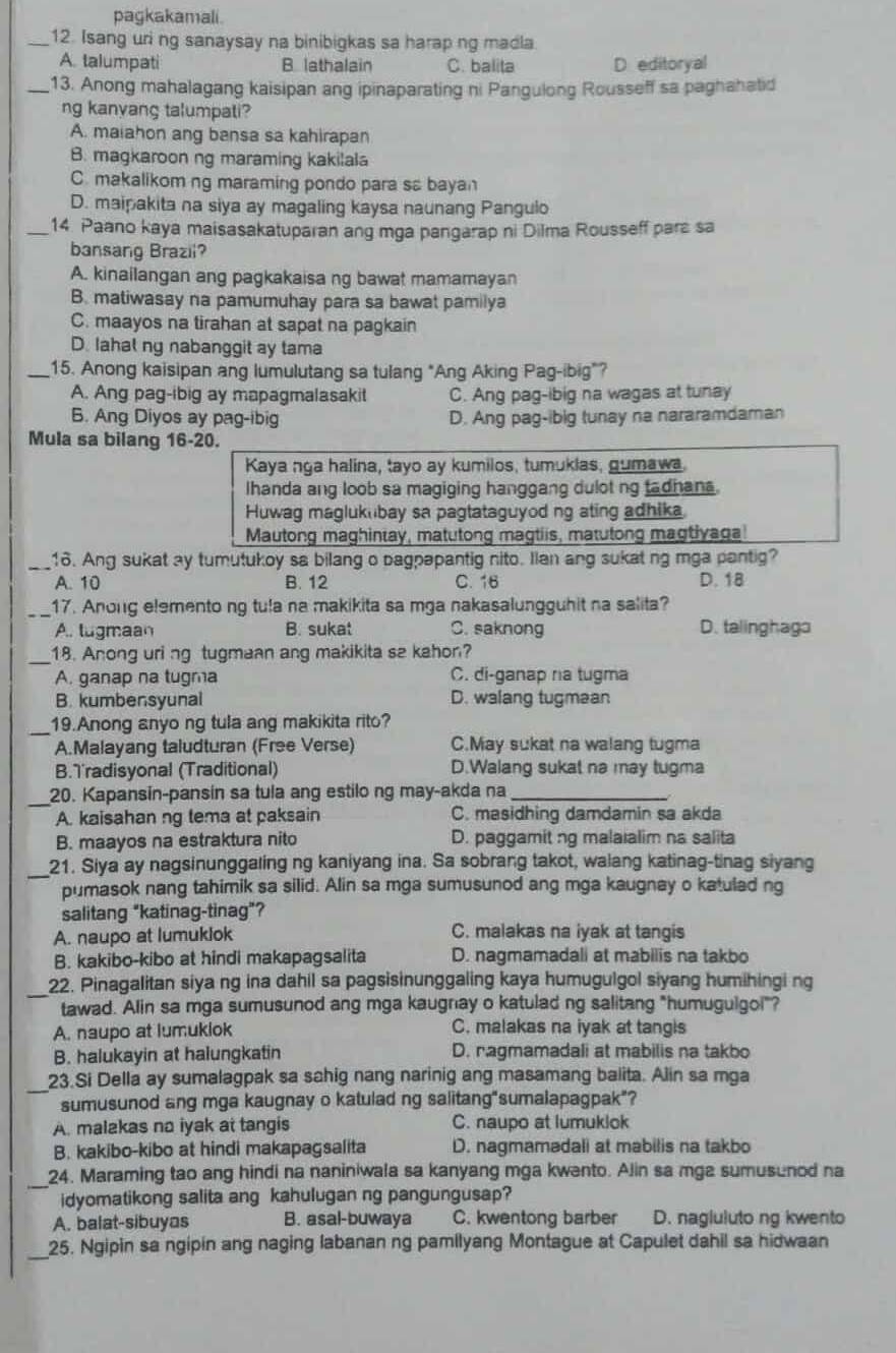 Solved: pagkakamali. _12. Isang uri ng sanaysay na binibigkas sa harap ...