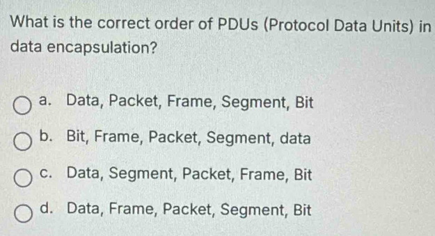 Solved: What is the correct order of PDUs (Protocol Data Units) in data ...