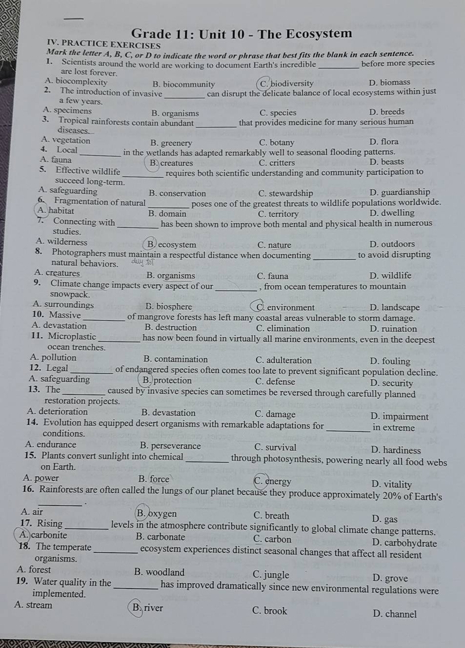 Giải quyết:Grade 11: Unit 10 - The Ecosystem IV. PRACTICE EXERCISES ...