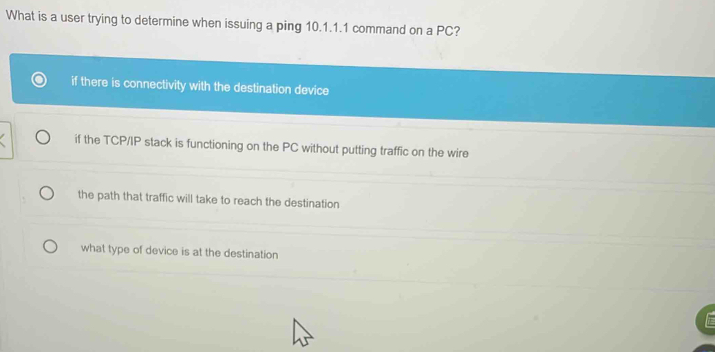 Solved: What is a user trying to determine when issuing a ping 10.1.1.1 ...