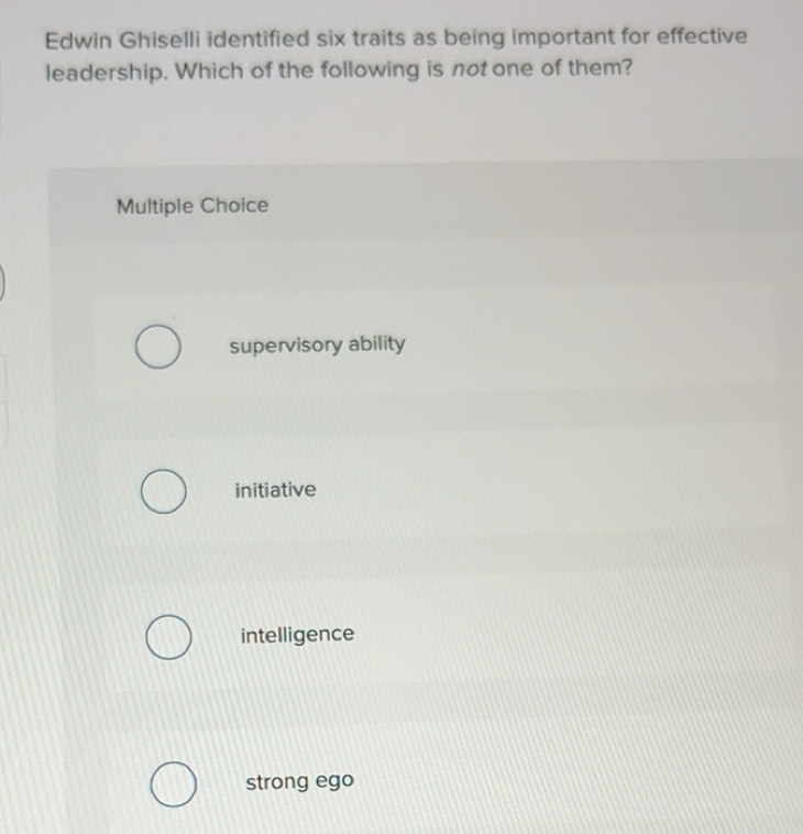 Solved: Edwin Ghiselli identified six traits as being important for ...