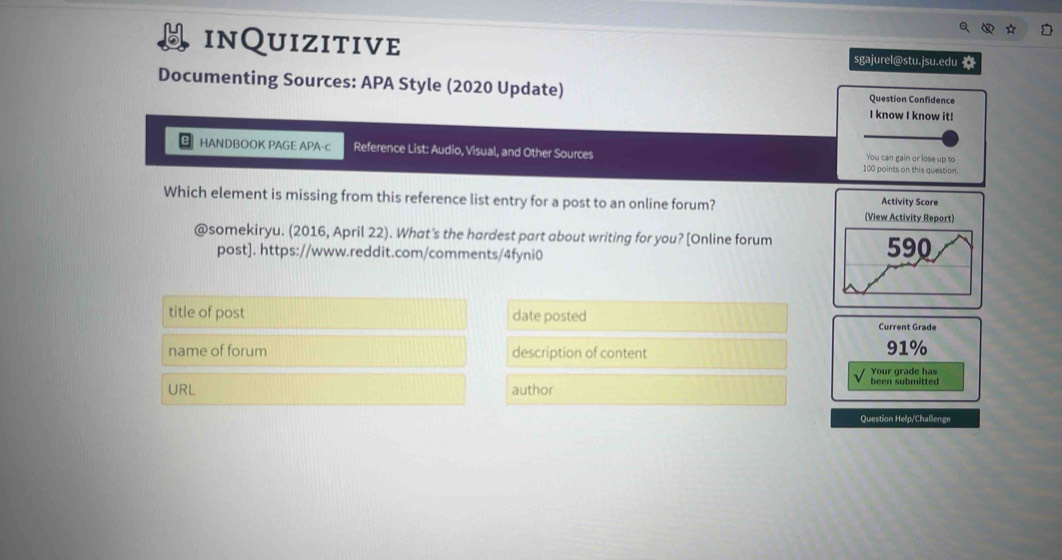 Solved: inQuizitive sgajurel@stu.jsu.edu Documenting Sources: APA Style ...