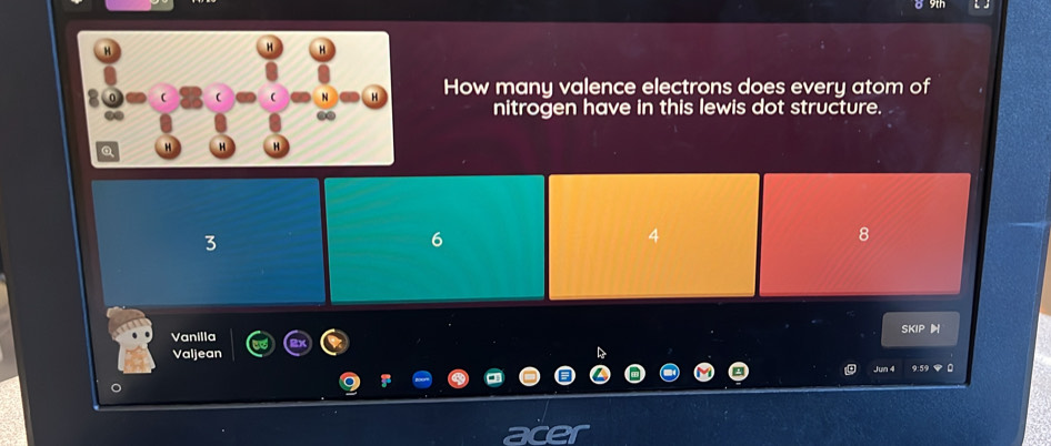 Solved: 9th H H N H How many valence electrons does every atom of ...