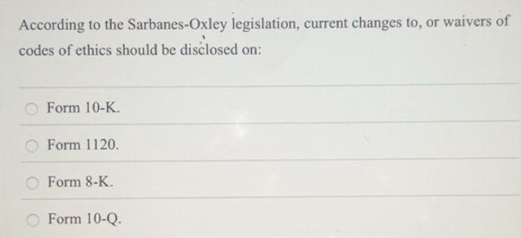 Solved: According to the Sarbanes-Oxley legislation, current changes to ...