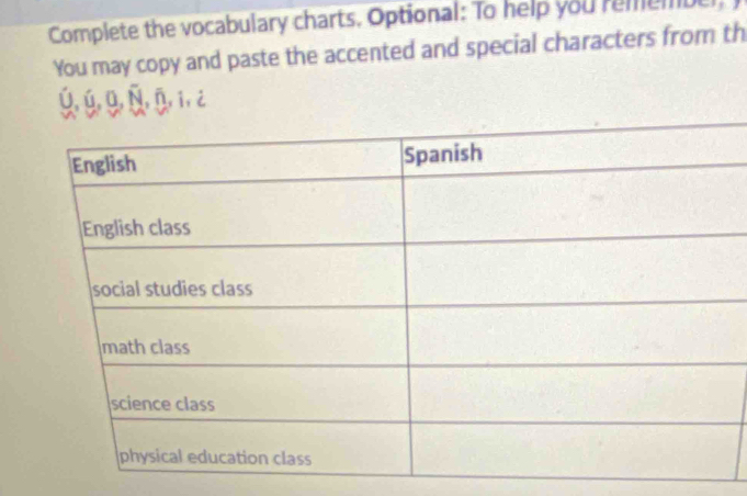 Solved: Complete the vocabulary charts. Optional: To help you remember ...