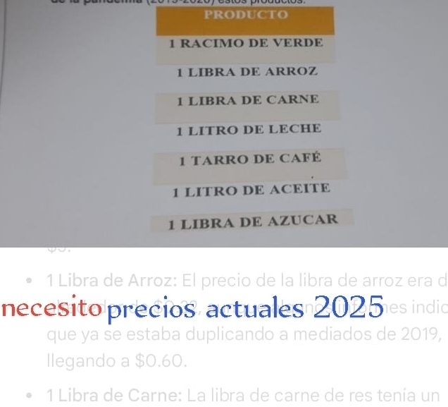 Resuelto:PRODUCTO 1 RACIMO DE VERDE 1 LIBRA DE ARROZ 1 LIBRA DE CARNE 1 ...