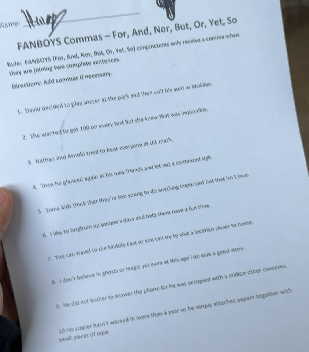 Solved: Name: _ FANBOYS Commas - For, And, Nor, But, Or, Yet, So Rule ...